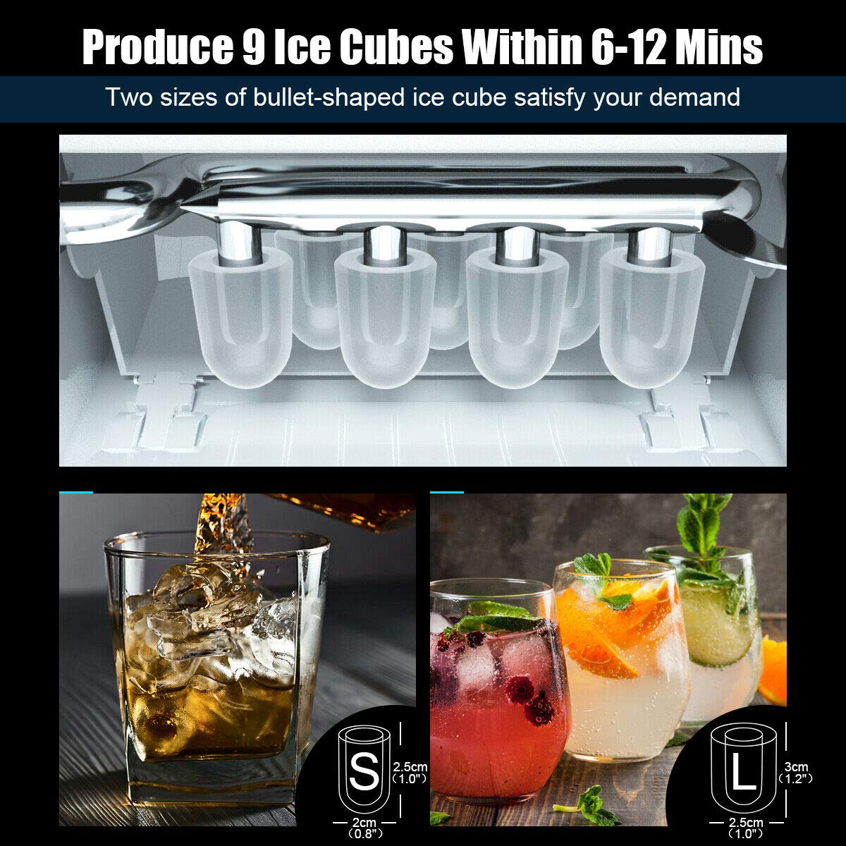 Refrigeration Modern High-Efficiency Maker Water Dispenser Countertop 36Lbs/24H LCD Display Portable Black Portable 2 In 1 Ice Ice-Making Restaurants, Bars Canteens, Snack