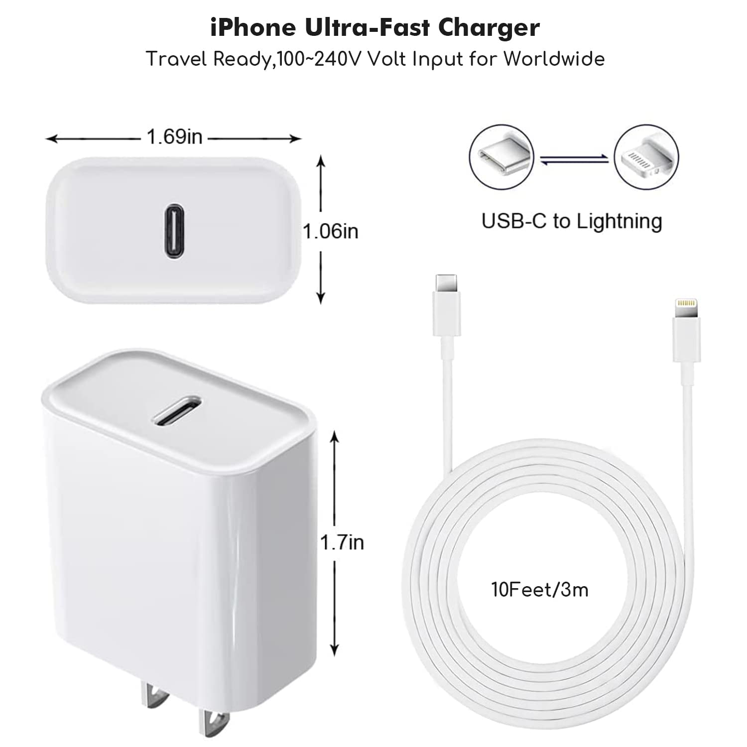 Fast iPhone Charger, Quick 10Foot USBC Wall Charger Phone Charger 2Pack 20W PD USB C Fast Charger Block + 10FT Lightning Fast Charging Cable for iPhone 14/Pro/Pro Max/Plus/13/12/11/XS/XR/X/SE2022/iPad