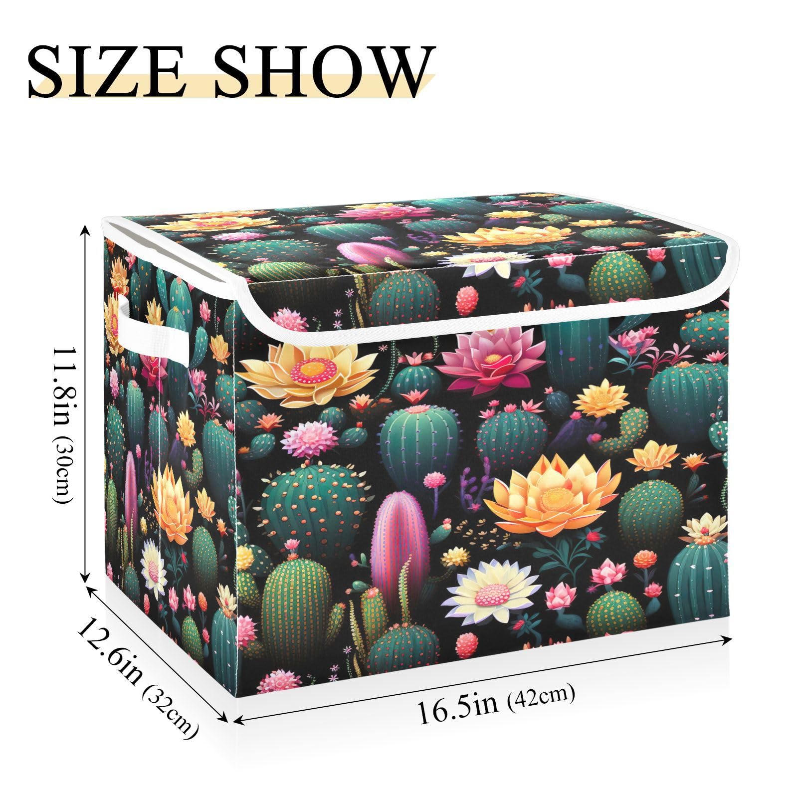 FUGIDOG Storage Boxes with Lids and Handles Watercolour Cactus Foldable Fabric Storage Bins Closet Organizer Large Toy Clothes Containers for Home, Bedroom, Shelves, Office