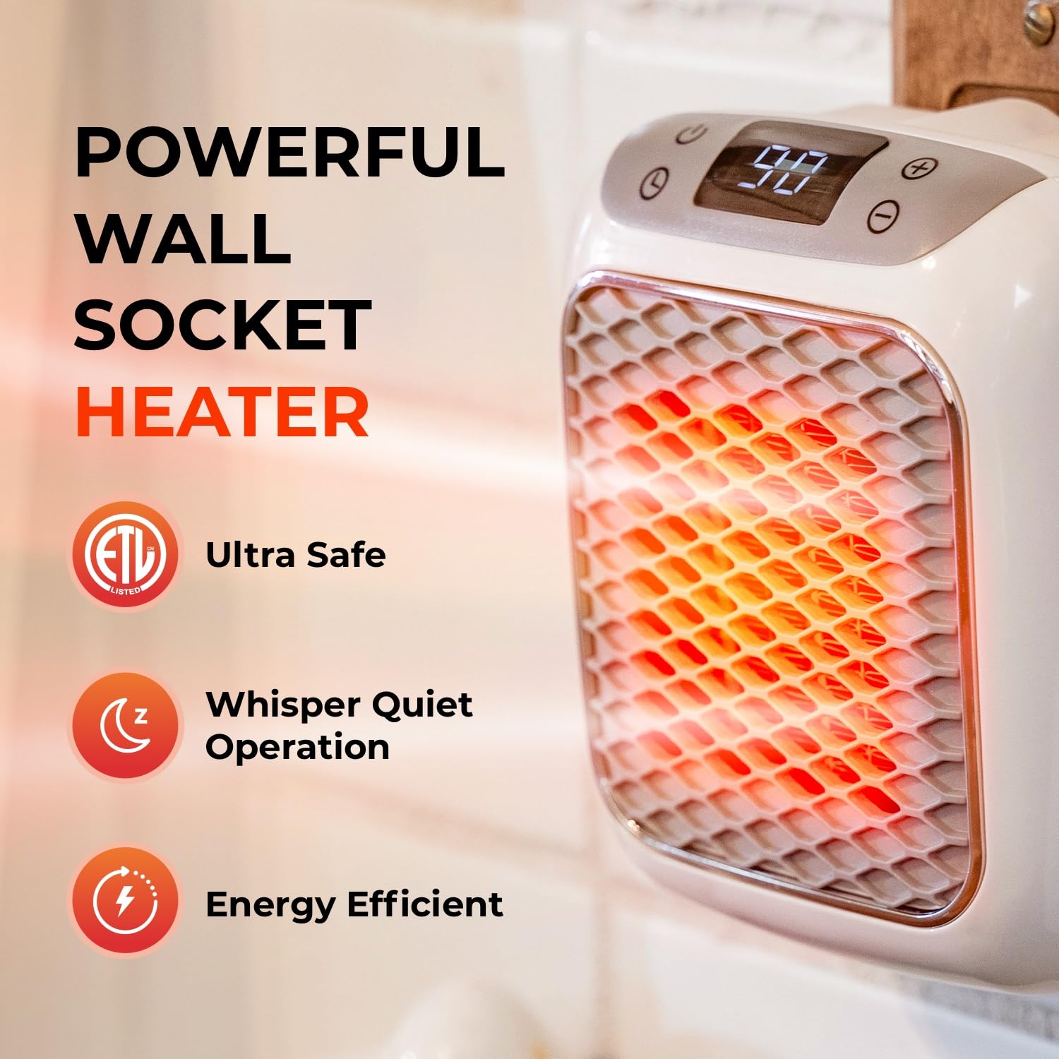 HeatWell Small Space Heater Plug In - 800w Mini Wall Mount Portable Heaters for Indoor Use Office Bedroom | Adjustable Thermostat, 12-Hour Timer, Auto Shut Off, Quiet Energy Efficient Ceramic Heating