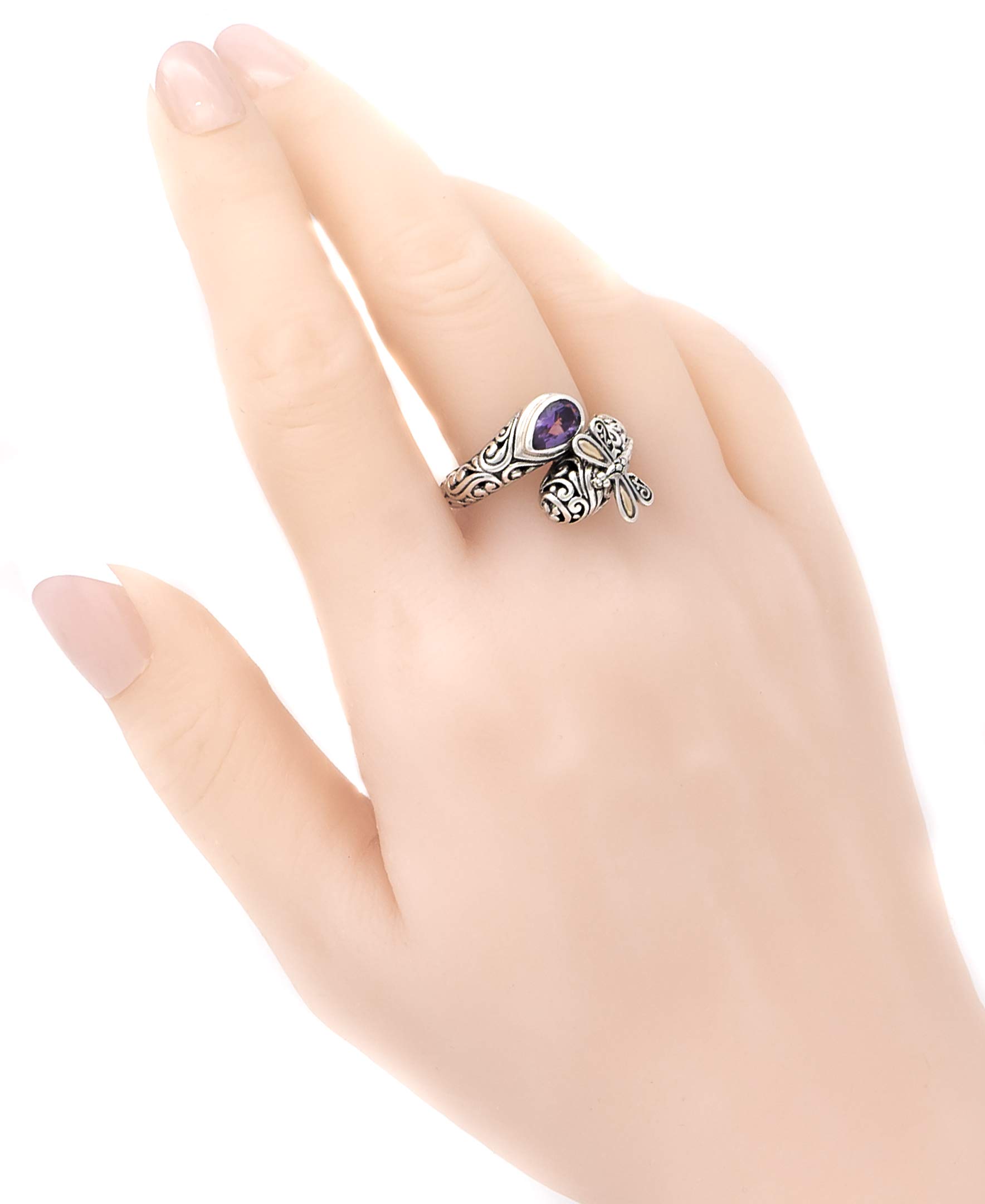 DEVATA Sterling Silver 925 and 18K Gold with Blue Topaz Sweet Dragonfly Bali Filigree Bypass Ring SFM8537ABT (Size 07)