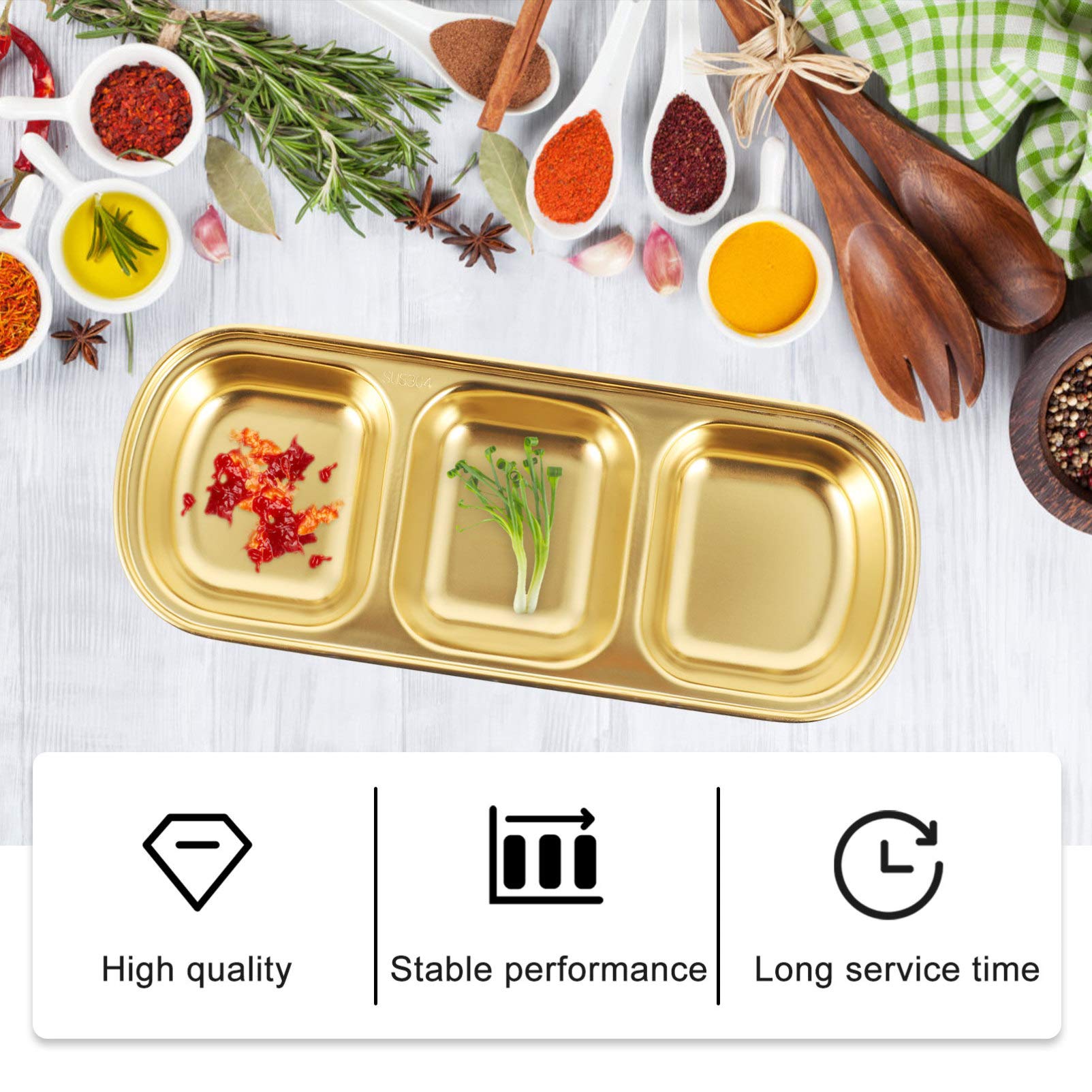 DOITOOL 2Pcs Stainless Steel Dipping Sauce Dishes, 3 Compartment Soy Sauce Dipping Bowls, Sushi Dipping Bowl Appetizer Plates Serving Dish for Soy Sauce, Ketchup, BBQ Sauce or Seasoning (Gold)