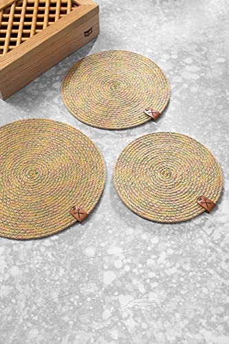 Round Natural Jute Rope Set of 3 Trivet Mats Pot Holder Hot Pads Plate Holder Coasters (Greenish Thread)