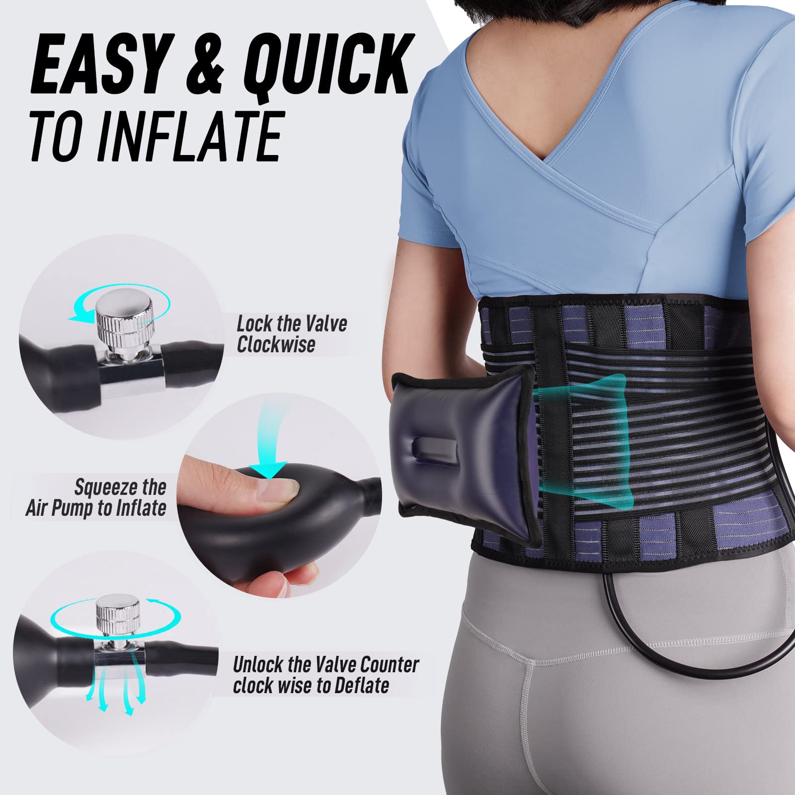 FEATOL Back Brace with Inflatable Pad for Men Women Lower Back Pain Relief, Heavy Lifting,Scoliosis and Herniated Disc Breathable Back Support Belt L/XL fits 29"-37β