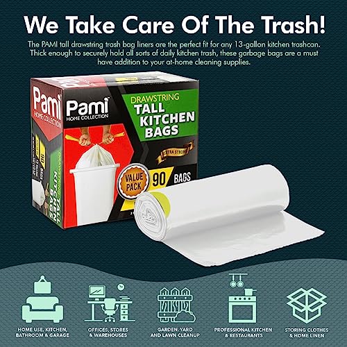 PAMI Tall 13-Gallon Kitchen Drawstring Trash Bags [90-Pack, White] - Extra-Strong Plastic Garbage Bags- Thick Trash Can Liners For Kitchen, Bathroom & Outdoor Bins- 2ft x2ft Unscented Trash Bags