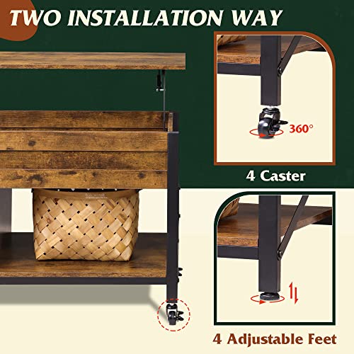 WLIVE Lift Top Coffee Table for Living Room,Coffee Table with Storage,Hidden Compartment and Metal Frame, Central Table with 4 Casters for Reception Room,Rustic Brown.