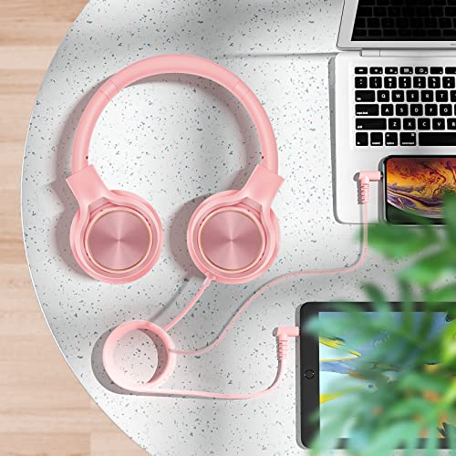 LORELEI S9 Wired Headphones with Microphone for School,On-Ear Kids Headphones for Girls Boys,Folding Lightweight and 3.5mm Audio Jack Headset for Phone, Ipad,Tablet, PC, Chromebook (Pearl Pink)