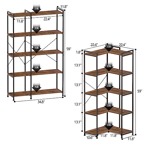 Tohomeor Bookshelf 5 Tier Deformable Corner Bookcase Free Standing Modern Industrial Book Storage Display Book Shelf for Bedroom Living Room Study Room Office (Brown)