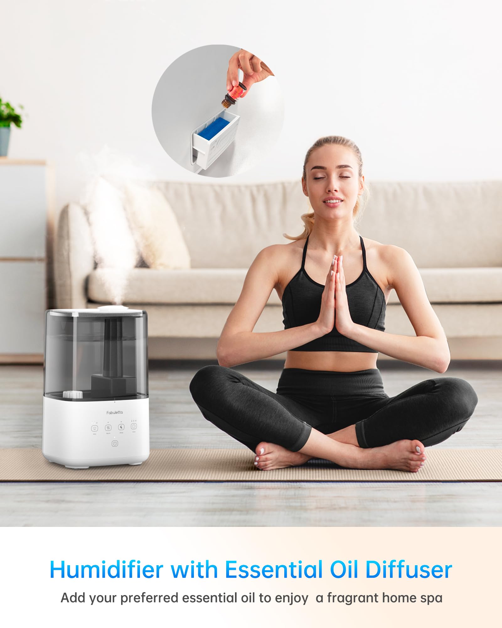 FABULETTA Humidifiers for Bedroom, Warm and Cool Mist Humidifier Large Room for Home, 4.5L Top Fill Room Humidifier with 45H Runtime, 3 Mist Levels, Essential Oil Diffuser, Quiet Sleep Mode & Timer