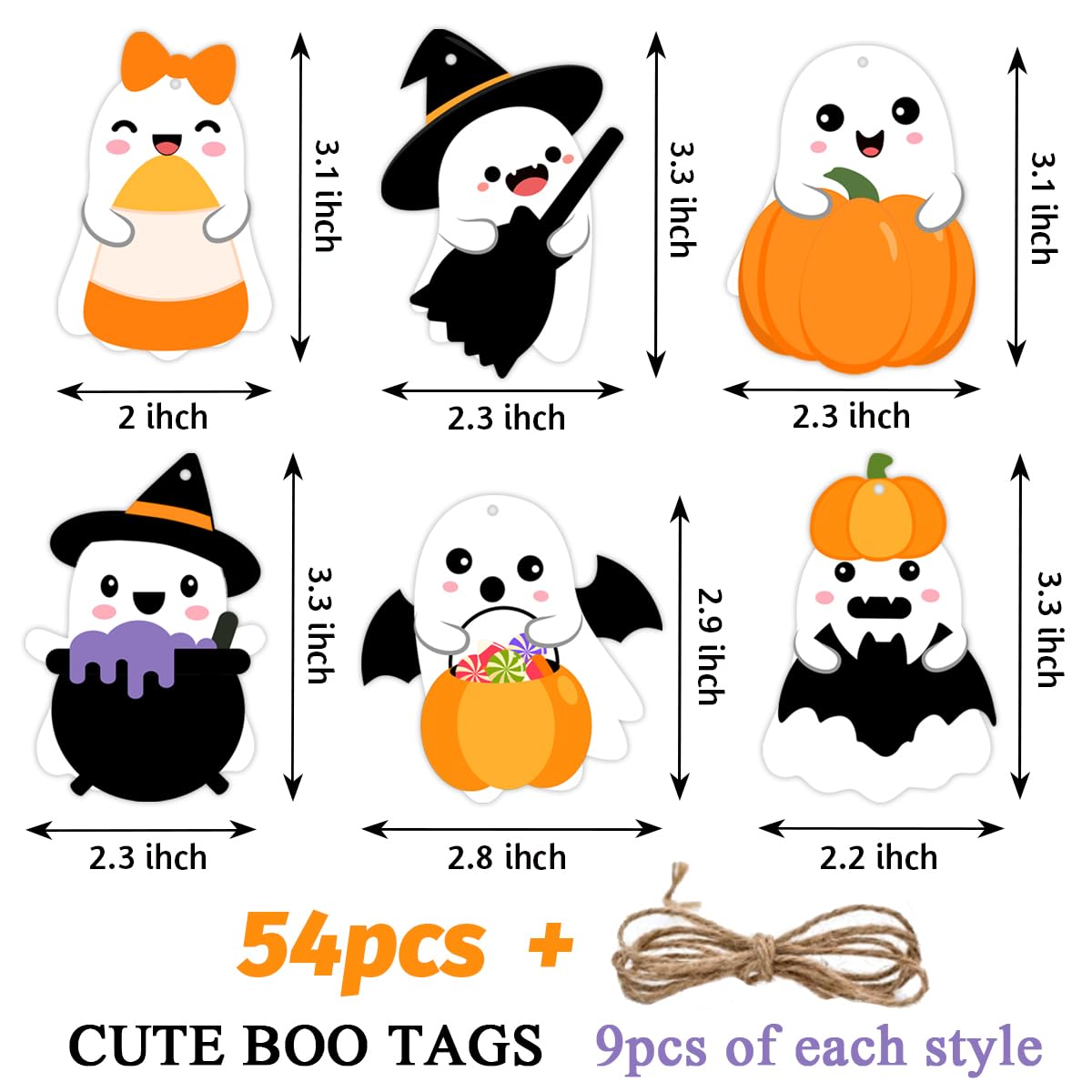 Halloween Ghost Tags-54Pcs Cute Halloween Tags with String,Pumpkin Spooky Boo Halloween Hanging Name Labels