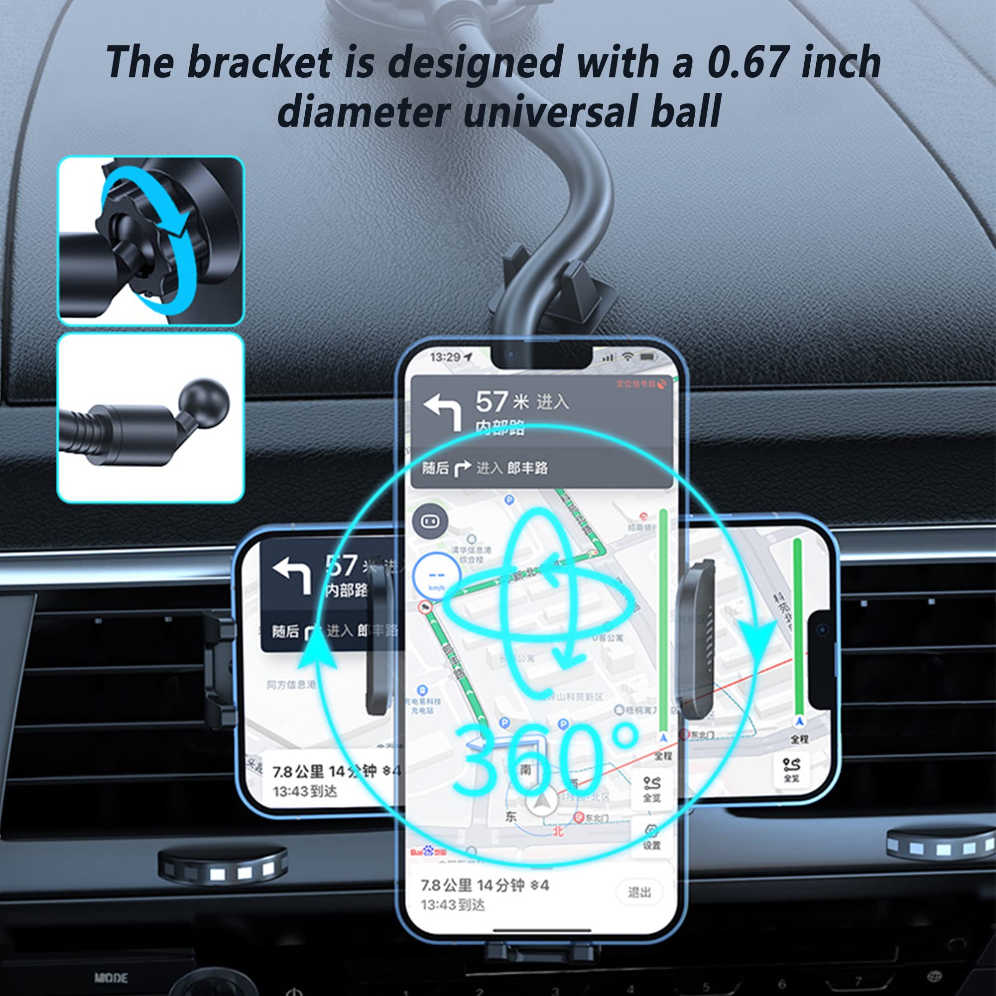 Fehlot Car Phone Mount,Dashboard/Windshield/Air Vent Cell Phone Holder,Gooseneck Long Arm Cradle Anti-Shake Handsfree Stand Compatible iPhone 13 12 14 Pro Max and All Smart Phones