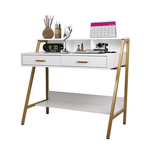 COZUHAUSE White and Gold Modern Computer Desk Simple 39 inch Home Office Desk Writing Desk with R Shaped Metal Legs,2 Storage Drawers Makeup Vanity Study Console Table