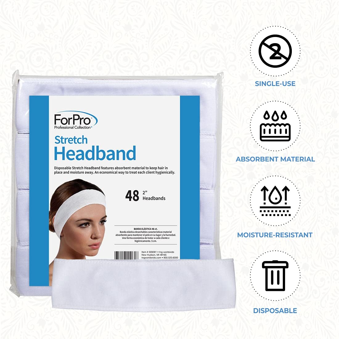 ForPro Professional Collection Stretch Headbands - Moisture Absorbent Disposable Spa - 2.25β W x 18β C - 48-Count
