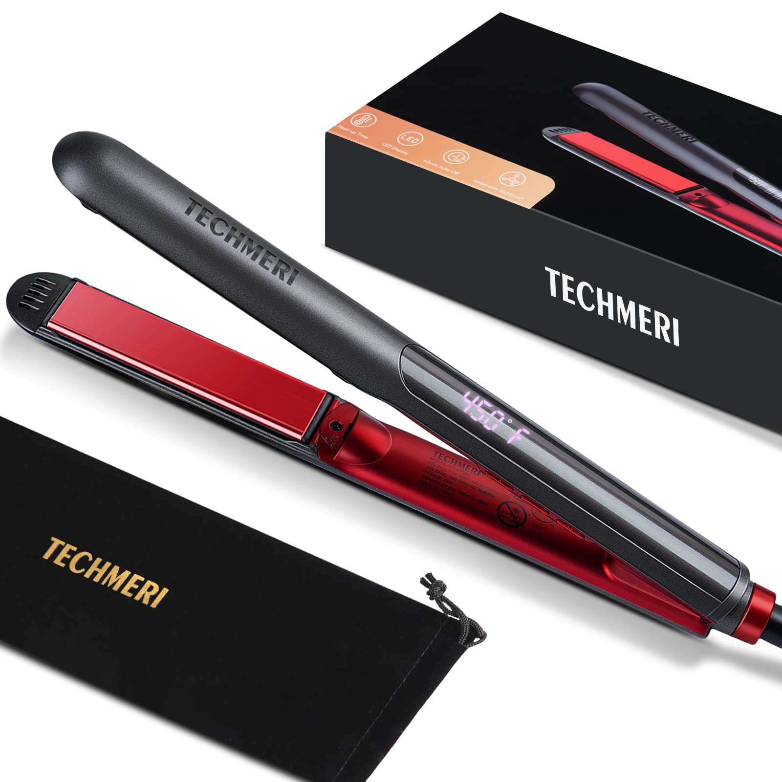 TECHMERI Hair Straightener, Flat Iron and Curler 2 in 1, Ceramic, Ionic, 1 inch, 450F, Dual Voltage, Black