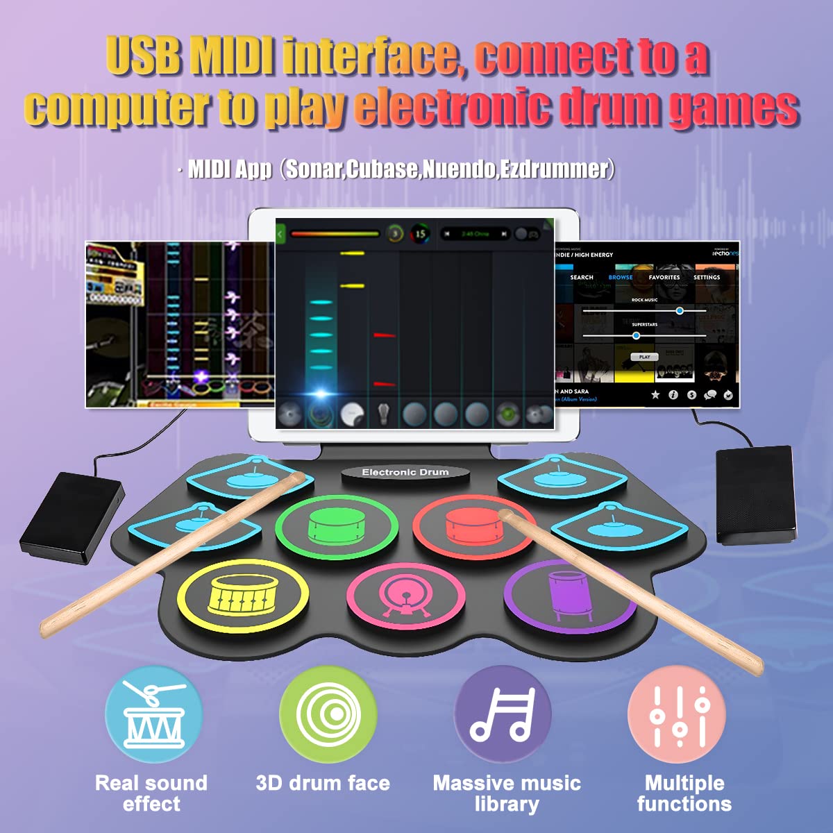 Forstree Electronic Drum Set(Cordless&Rechargeable), 9 Pads Roll-Up Digital Practice Drum Kit for Teens, Beginners, with Double Build-in Stereo Speaker, Drum Sticks, portable Gift for Kids, Christmas