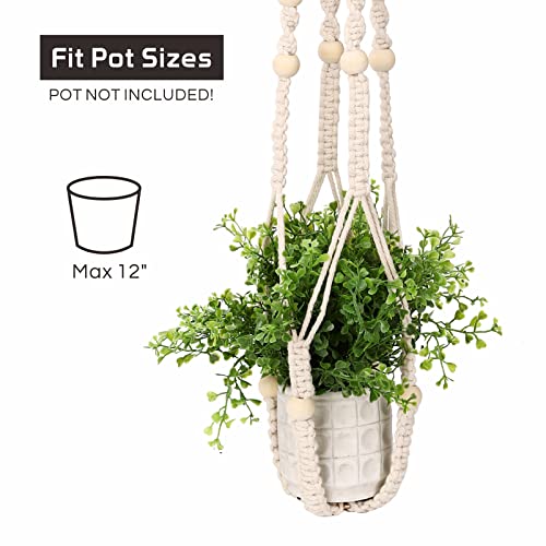 Mivofo Macrame Plant Hanger 35", No Tassel Hanging Plant Holder, Sturdy Flower Pot Holder with 2 Hooks - Ivory