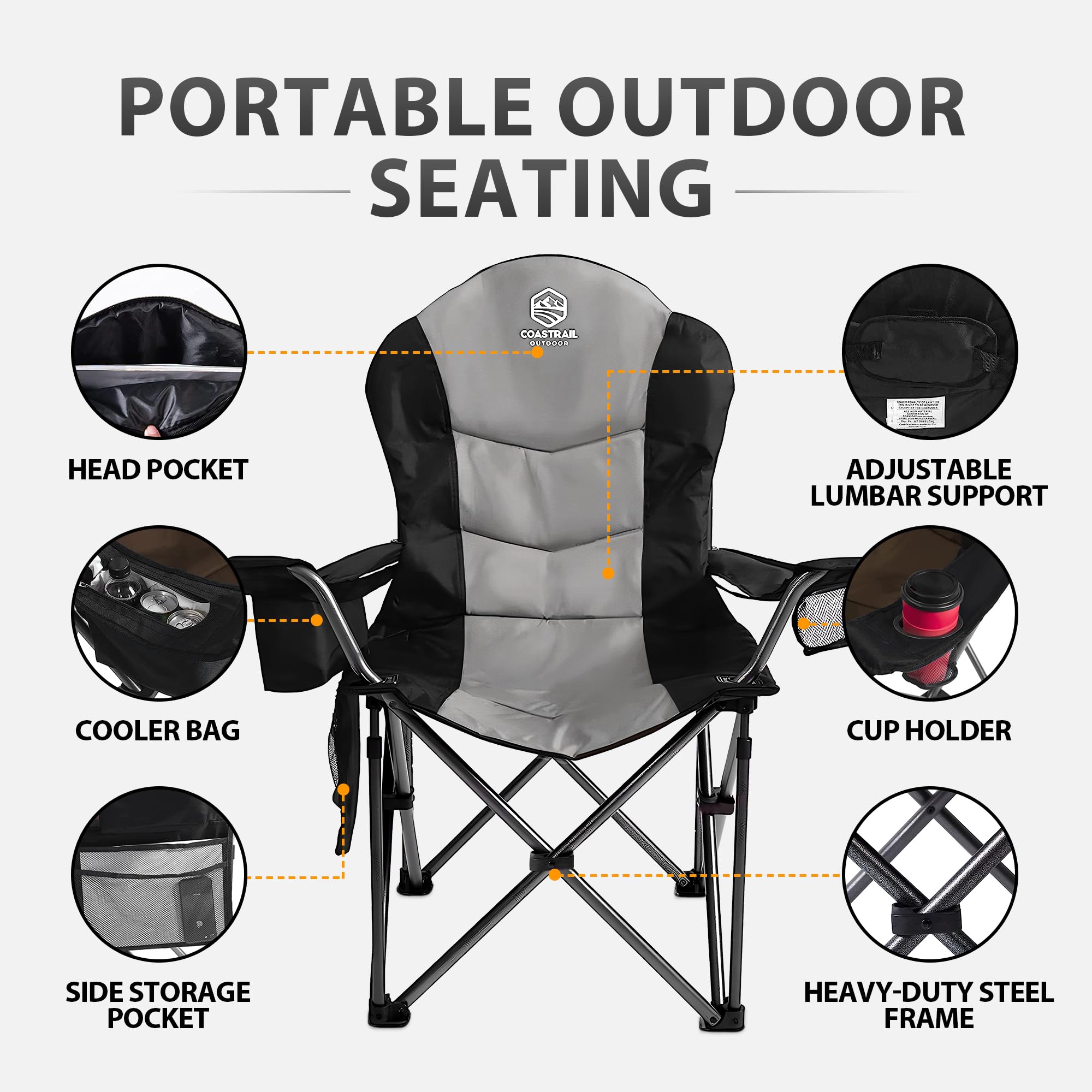 Coastrail Outdoor Camping Chair Oversized Padded Folding Quad Arm Chairs with Lumbar Back Support, Cooler Bag, Cup Holder & Side Pocket, Extra Head Pocket, Supports 400 lbs (Black, Modern)