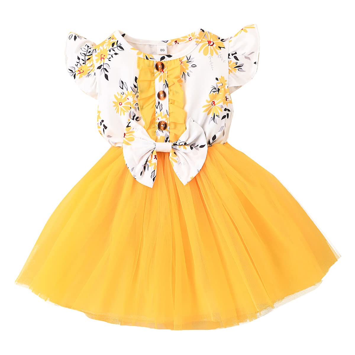 Onththr Toddler Baby Girls Tutu Dress Ruffle Sleeveless Splicing Floral Princess Dresses Summer Clothes Outfits (2T, Yellow)