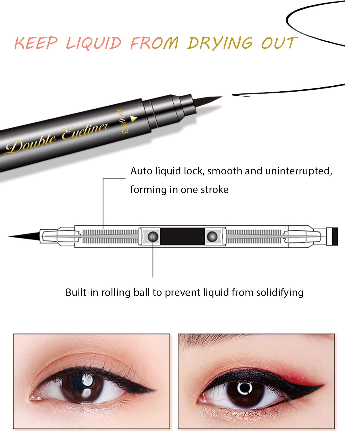 Enfuntins 6 Pcs Eyeliner Stamp, Black Double-Ended Liquid Eye Liner Pen Waterproof Long-Lasting SmudgeProof Tattoo Eye Makeup Set Winged, Smiley, Star, Moon, Heart, Flower