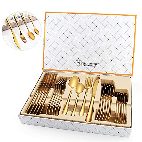 Gold Silverware Set,24-Piece Stainless Steel Flatware Service for 6, Mirror Finish Cutlery Set with Gift Box