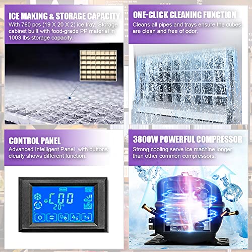 HPDAVV Commercial Ice Maker 2000lbs/24H 220V 1003lbs Ice Storage Capacity Automatic Cleaning Ice Machine Professional Refrigeration Equipment