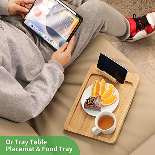 GEHE Bamboo Couch Arm Table for Wide Couches Arm, Foldable Sofa Arm Tray Clip Table with 360° Rotating Phone Holder, Portable Couch Arm Tray/Armrest Tray for Eating and Drink Tray Table