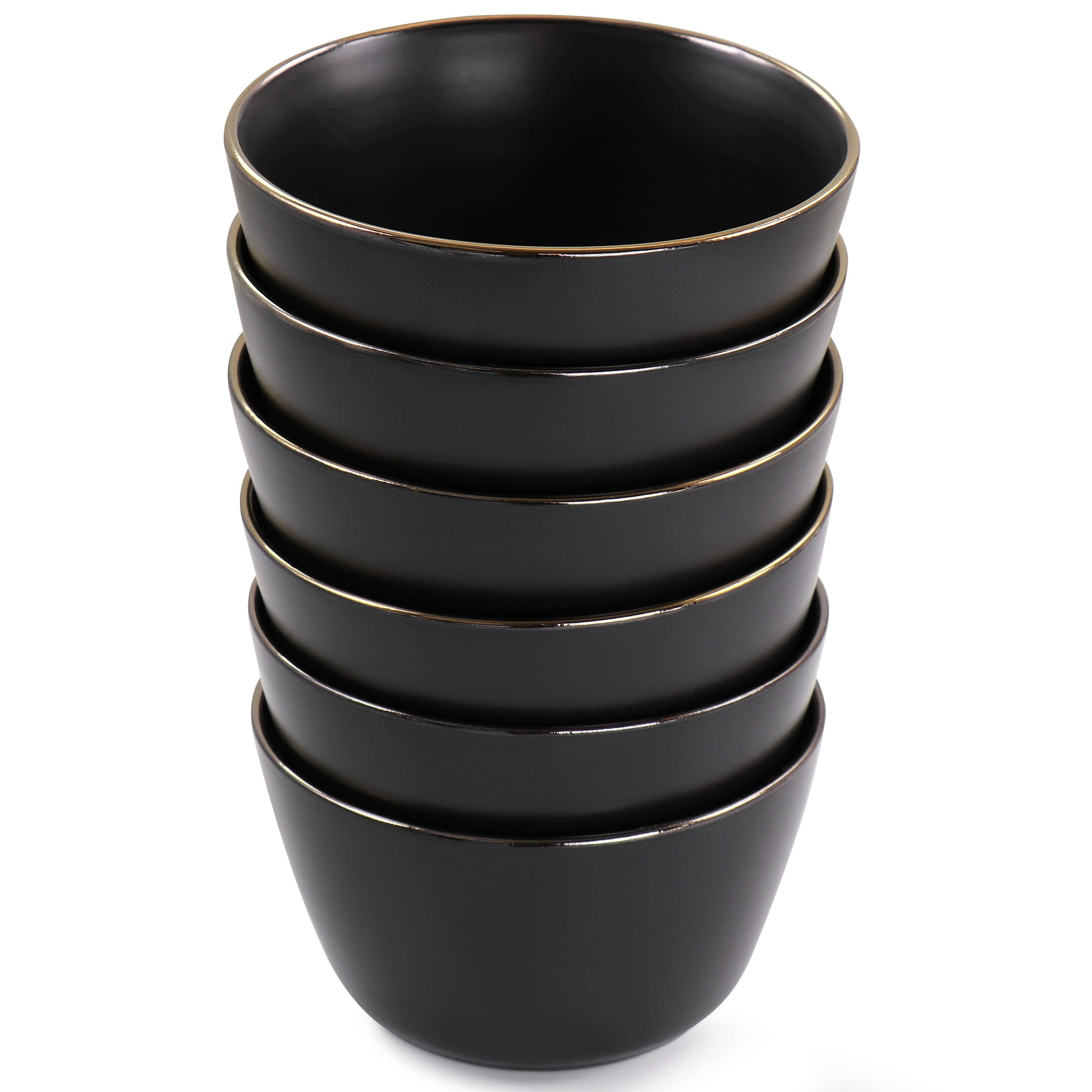 Elama Paul 6 Piece Stoneware Bowl Set in Matt Black with Gold Rim (Arthur Paul Bowl), 6 Piece Set