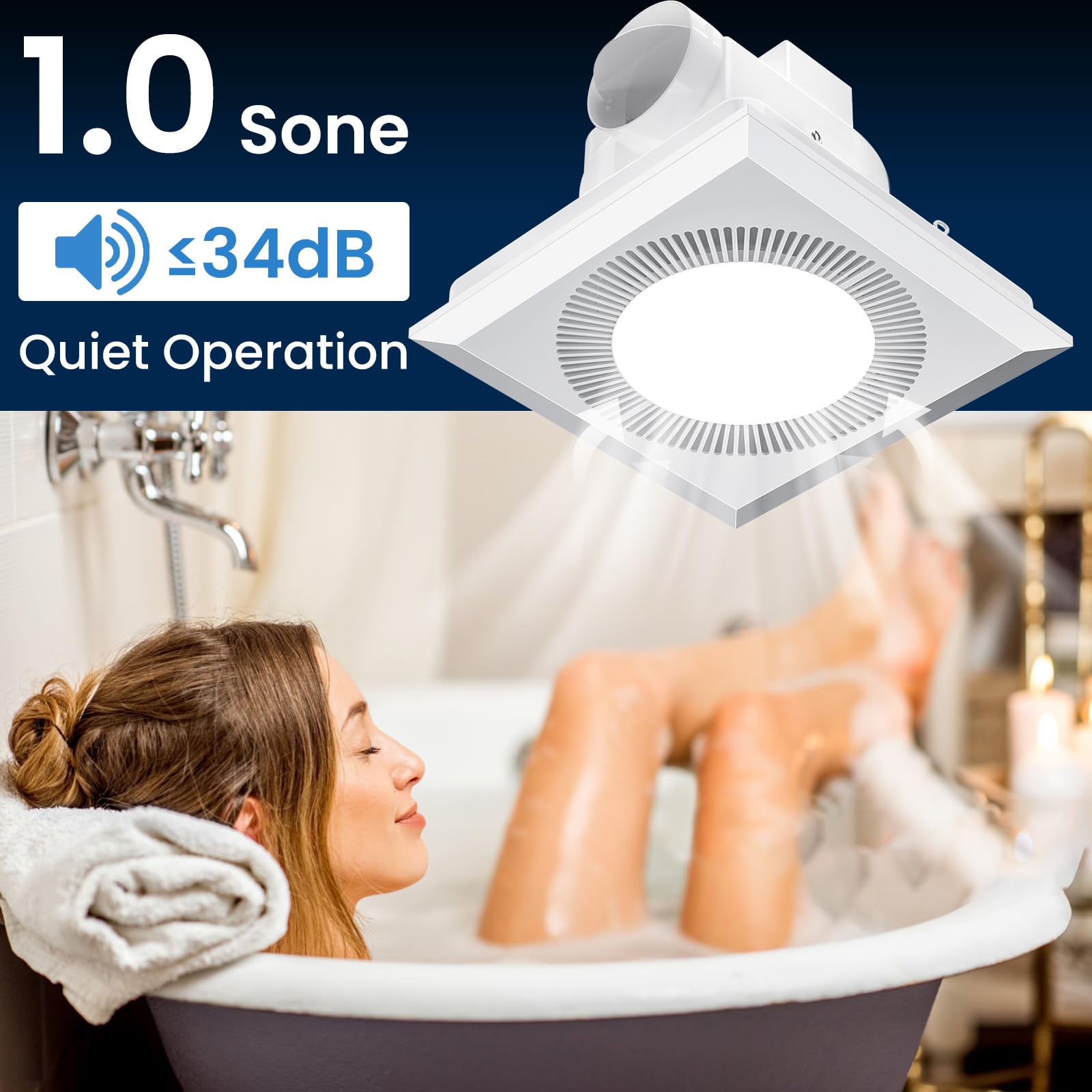 Hon&Guan Bathroom Exhaust Fan with Light, Quiet Square Bathroom Vent Fan with Adjustable LED Light 3000K/4500K/6500K, 110 CFM, 1.0 Sones, Bathroom Fan with Light for Home Bath Hotel