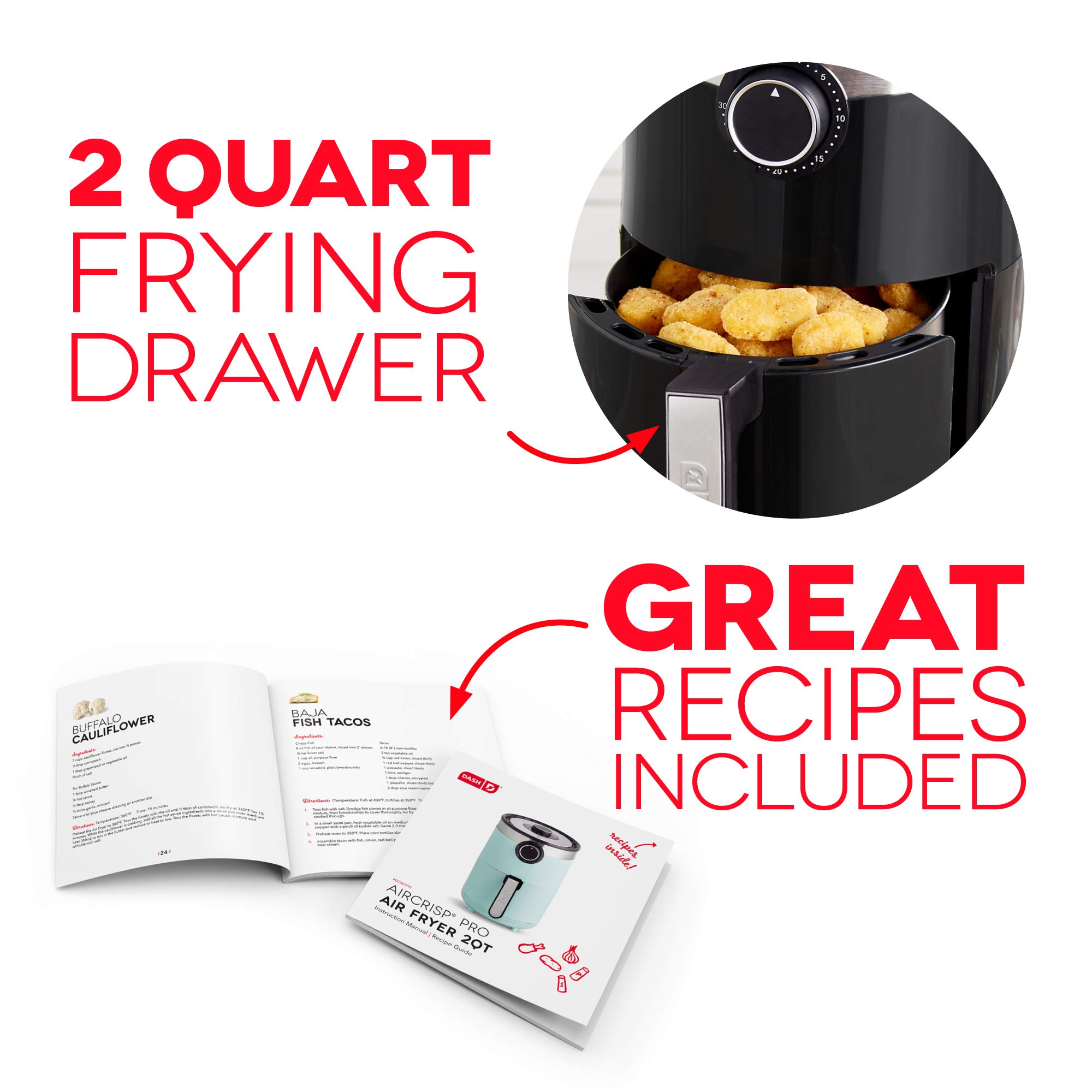 Dash DCAF250GBBK02 Aircrisp® Pro Compact Air Fryer + Oven Cooker with Temperature Control, Non Stick Fry Basket, Recipe Guide + Auto Shut Off Feature, 2qt, Black