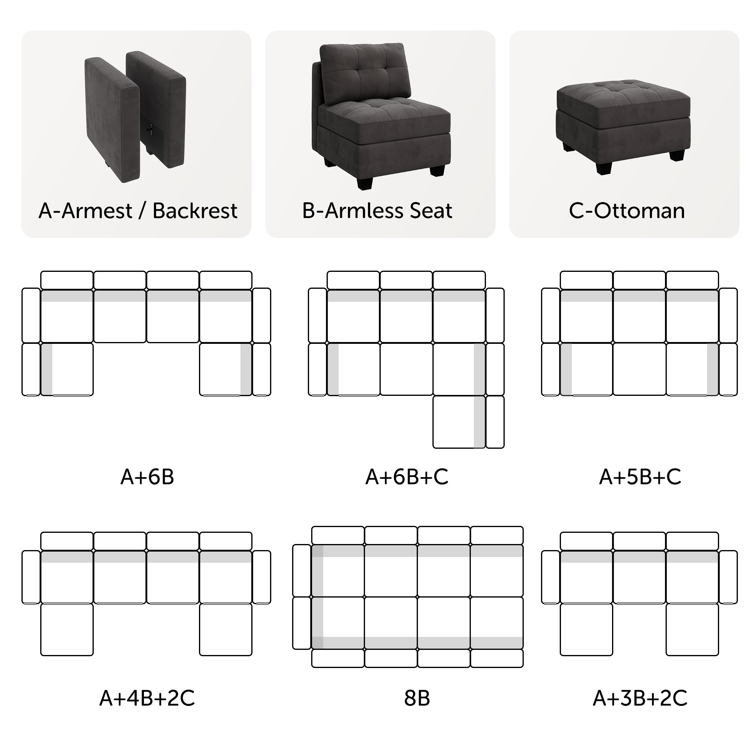 HONBAY Armrest Backrest Module for Velvet Modular Sectional Sofa, Grey