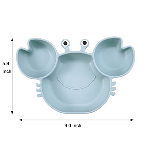 PandaEar 2 Pack Silicone Suction Plate for Baby, Divided Unbreakable Toddler Food Plate with 2 Pack Spoons for Self Feeding, Toddler Utensils Feeding Set Baby Eating Supplies, Crab Shape, Blue&Green