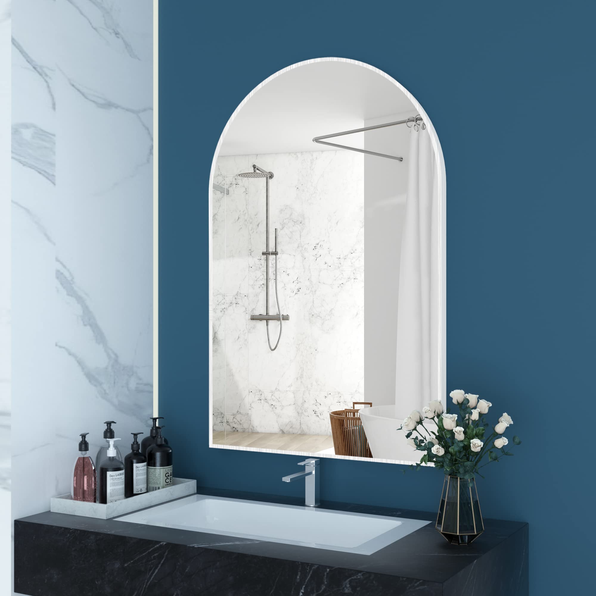 FENNIO Wall Mirrors for Bathroom, Bedroom, Living Room - 36 x 24 Inch Arched Wall Mounted Make up Vanity Mirror, Aluminum Frame Wall Decor Mirror, Brushed Silver