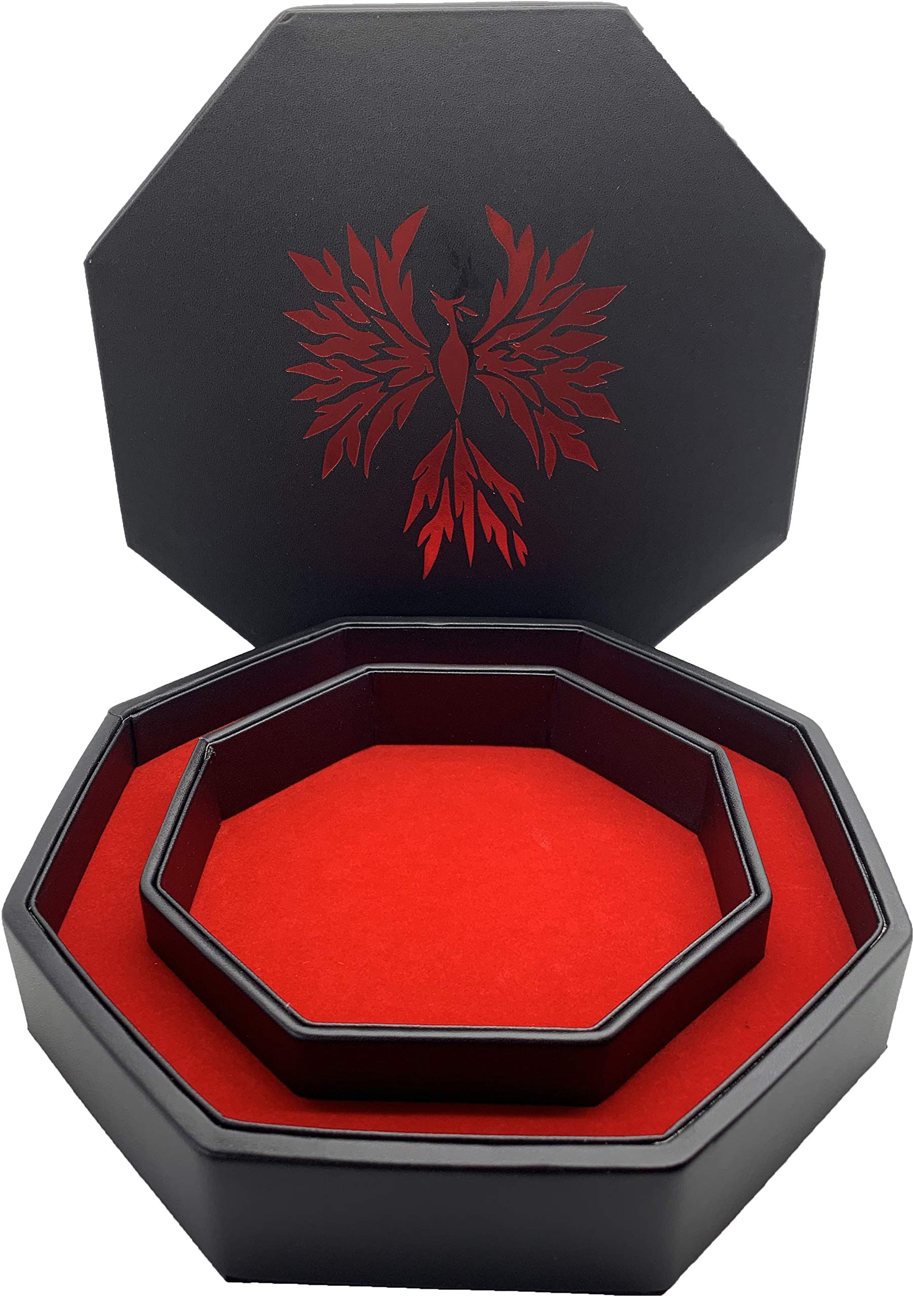 Red Phoenix - D&D Dice Tray of Holding by Norse Foundry, 8” Octagon Shape Dice Rolling Tray for Dice Games Like RPG and DND, Dice Box Storage, Removable Top Lid – Soft Padded Inner Lining