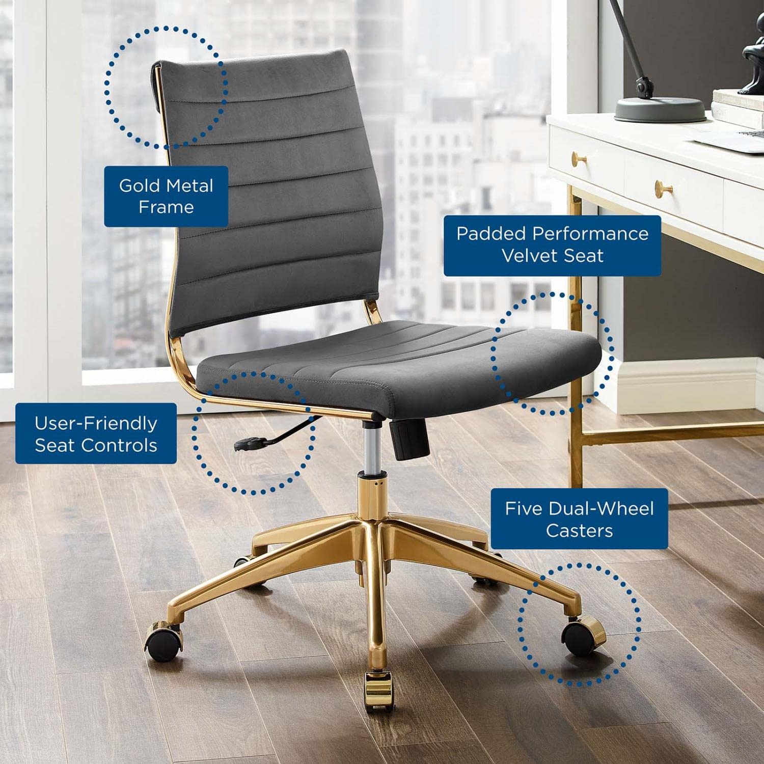 Modway Jive Ribbed Performance Velvet Mid Back Armless Computer Desk Swivel Office Chair in Gray