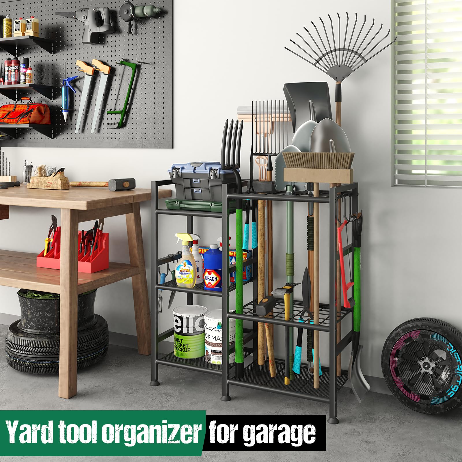 keomaisyto garden Tool Organizer for Garage Organization, 3 Tier Yard Tool Storage Rack with 35 Long-Handled Tool Slots, Heavy Duty Garden Tool Holder with Large Hooks for Shed, Yard, Garage