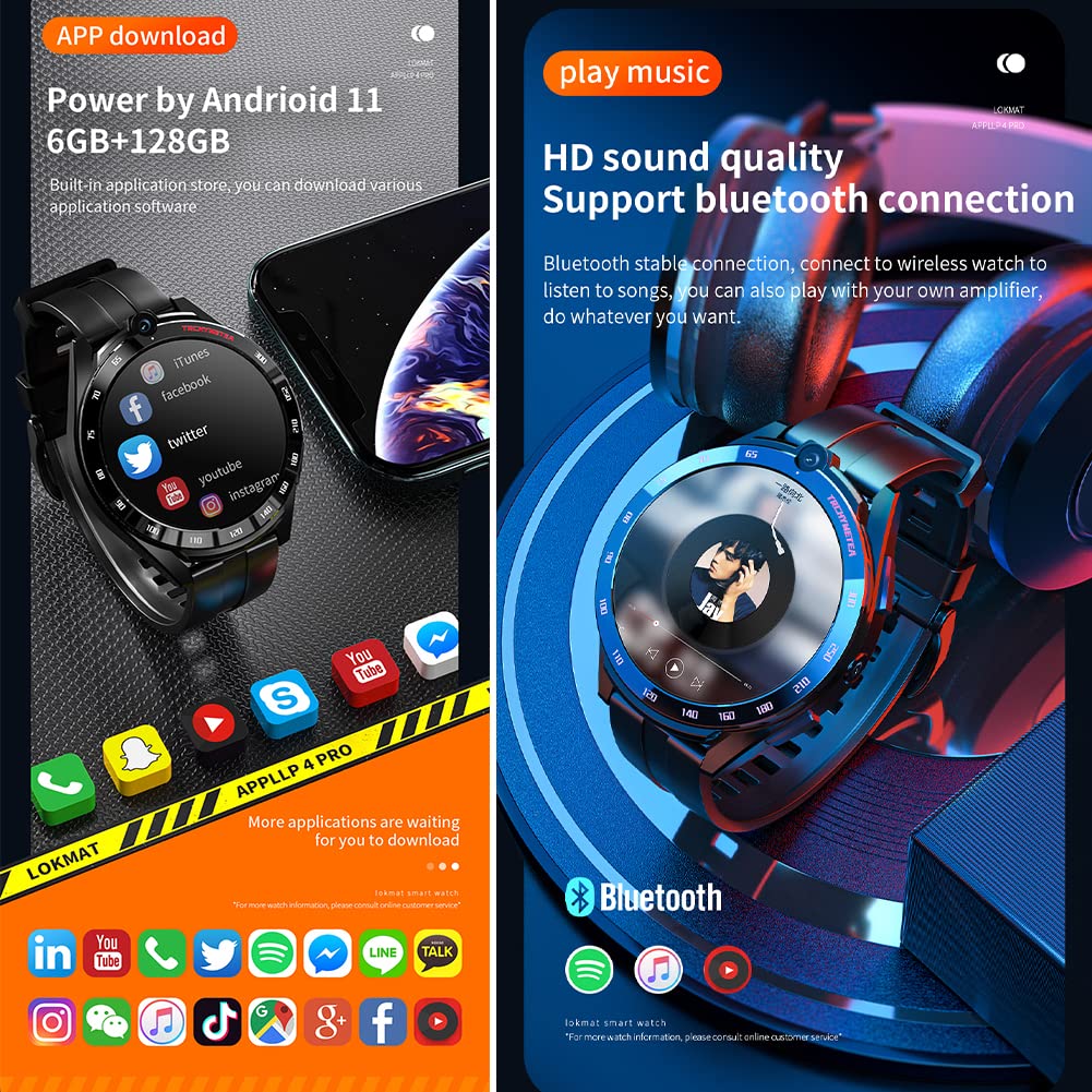 ENKUODE Android 11.0 Smart Watch 4G Touch Screen 1.6" Fitness Sport GPS Wristwatch 5MP+8MP Dual Camera Activity Tracker Video Phone Watches 6GB+128GB (B)