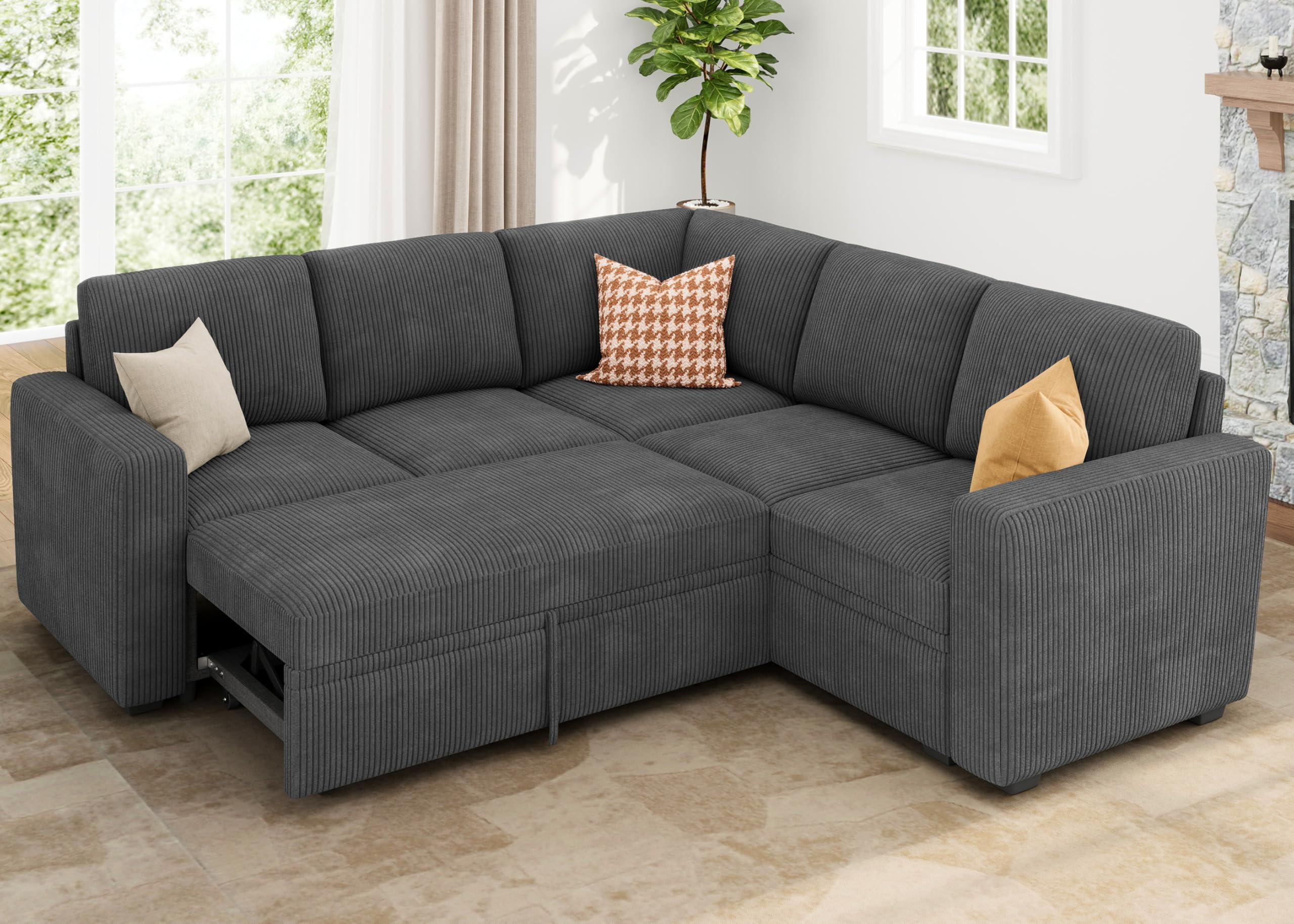 HONBAY Modular Sectional Sleeper Sofa with Pull Out Bed, Corduroy L Shaped Couch with Storage Seats, Convertible Sectional Couches for Living Room, Green