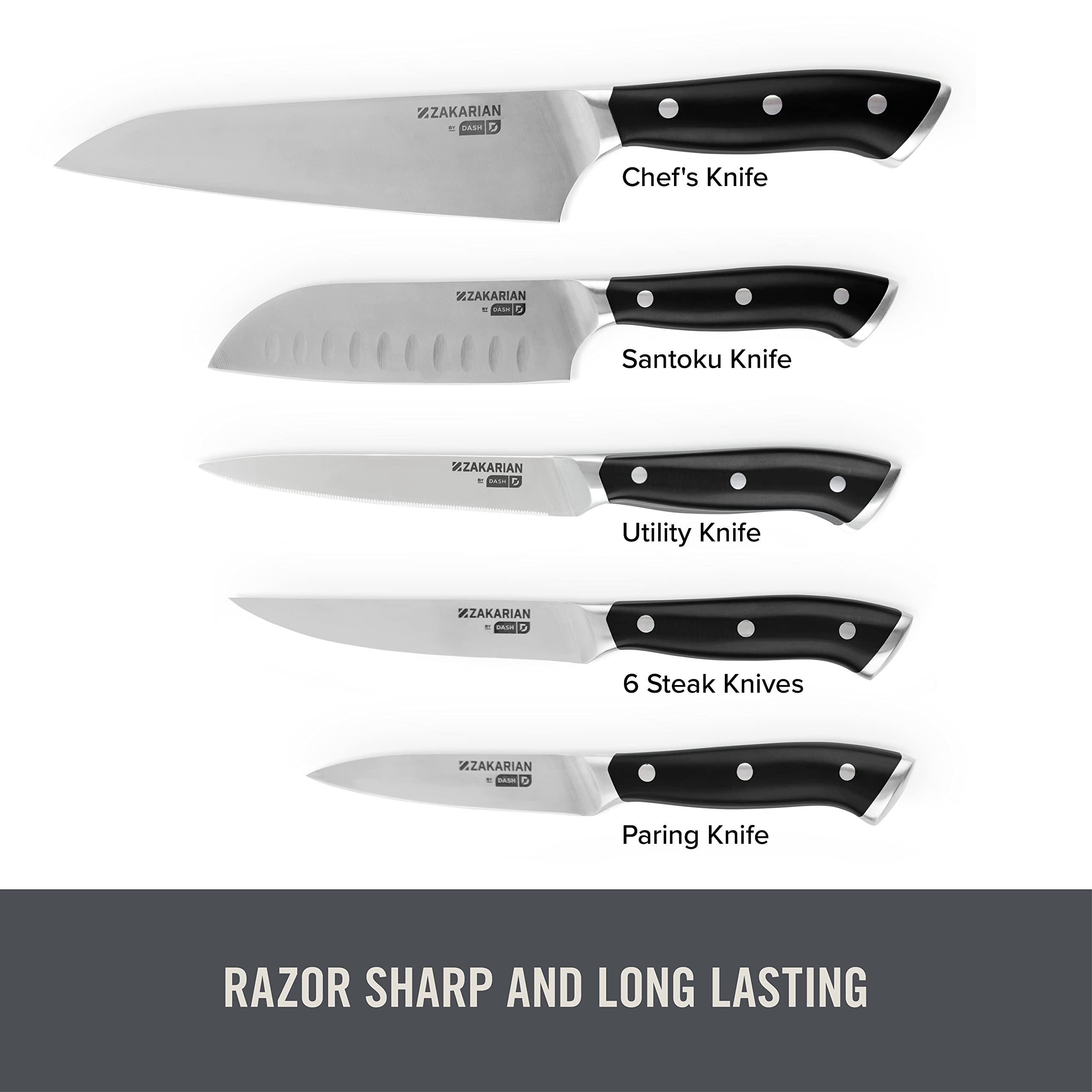 DASH Zakarian by DASH 11-Piece German Steel Kitchen Knife Set with 7" Chef, 5" Santoku, 5" Serrated Utility, 3.5" Paring, 6 Steak Knives and Magnetic Bamboo Knife Block, Black