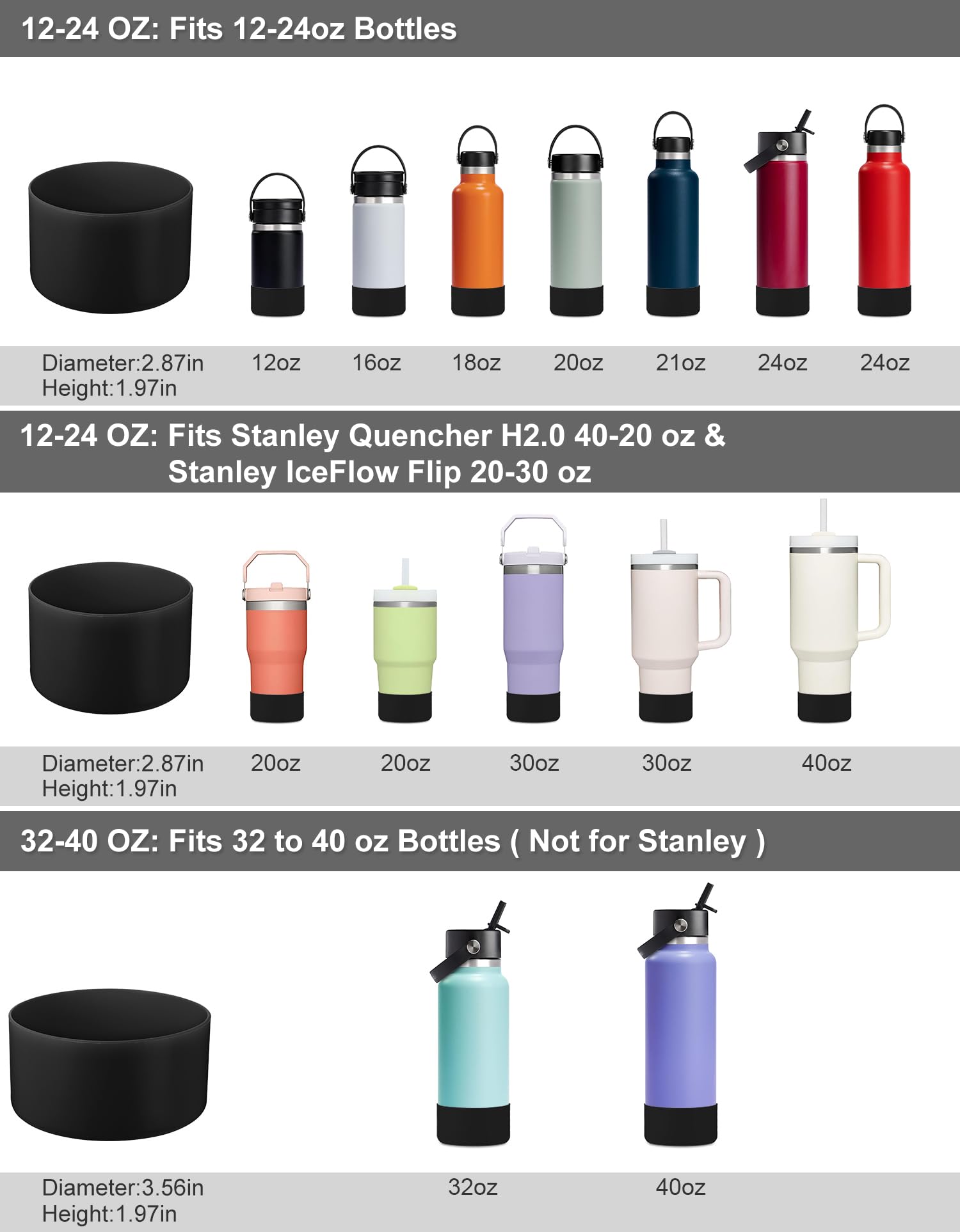 CHEETAH Protective Boot for Hydroflask Water Bottle 12oz - 40oz, BPA Free Bottom Silicone Sleeve Cover, Compatible with All Water Bottles with Bottom Width of 2.87-3.56in (32-40oz, Black)