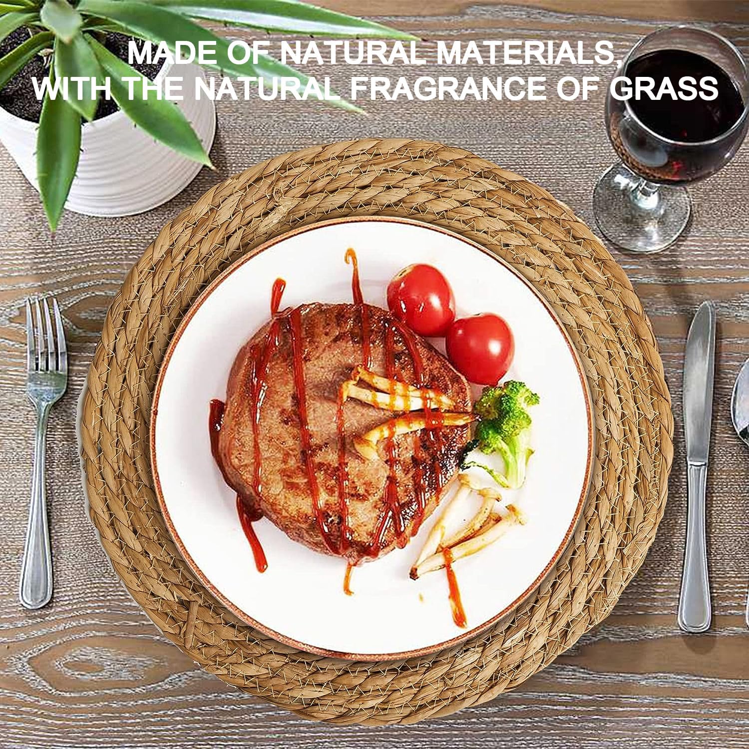 Defined Deco Woven Placemats Set of 10,12" Round Rattan Placemats,Natural Hand-Woven Water Hyacinth Placemats,Farmhouse Weave Place Mats,Rustic Braided Wicker Table Mats for Dining Table,Home,Wedding.