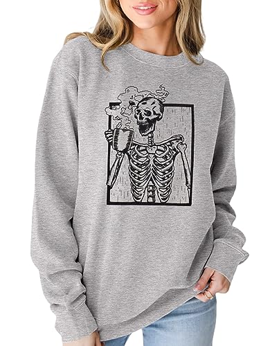 MODNTOGA Coffee Skeleton Sweatshirt Women Halloween Sweatshirt Long Sleeve Skeleton Drinking Coffee Crewneck Pullover Tops (Grey, M)