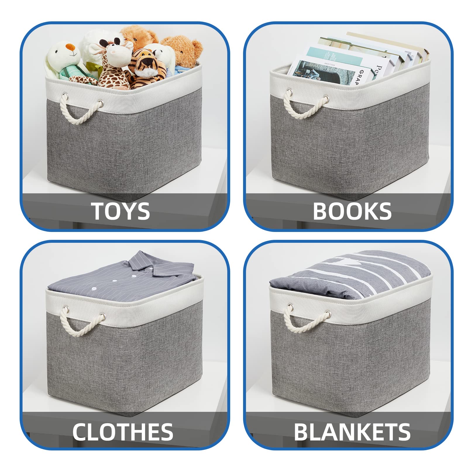 Temary Baskets for Organizing, 2 Pack Storage Baskets Large Fabric Baskets with Handles, Decorative Baskets for Gifts Empty for Home (White&Grey,16Lx12Wx12H Inches)