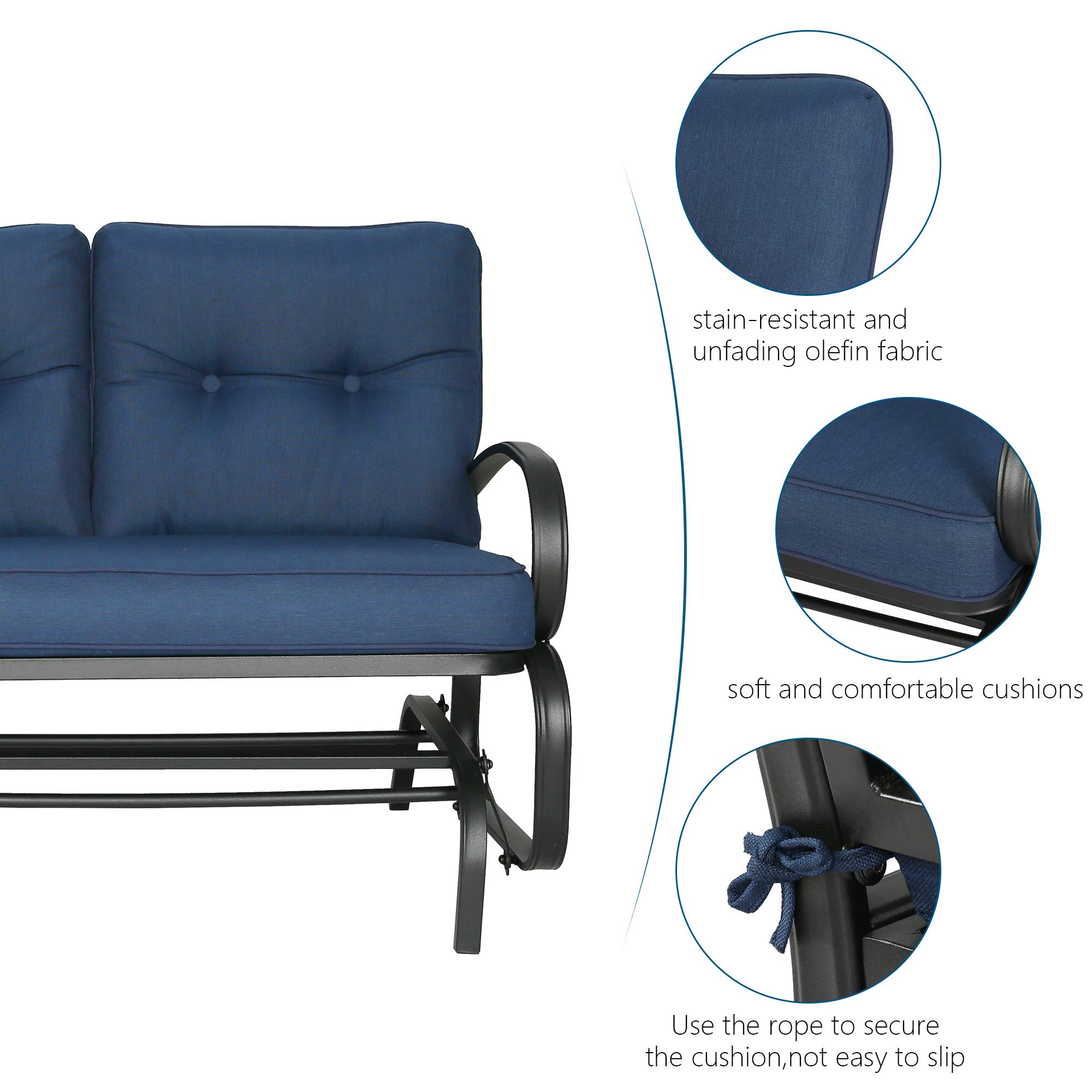 PATIO TREE 2-Seat Outdoor Swing Glider Bench, Rocking Patio Glider Loveseat Chair with Cushions, Navy