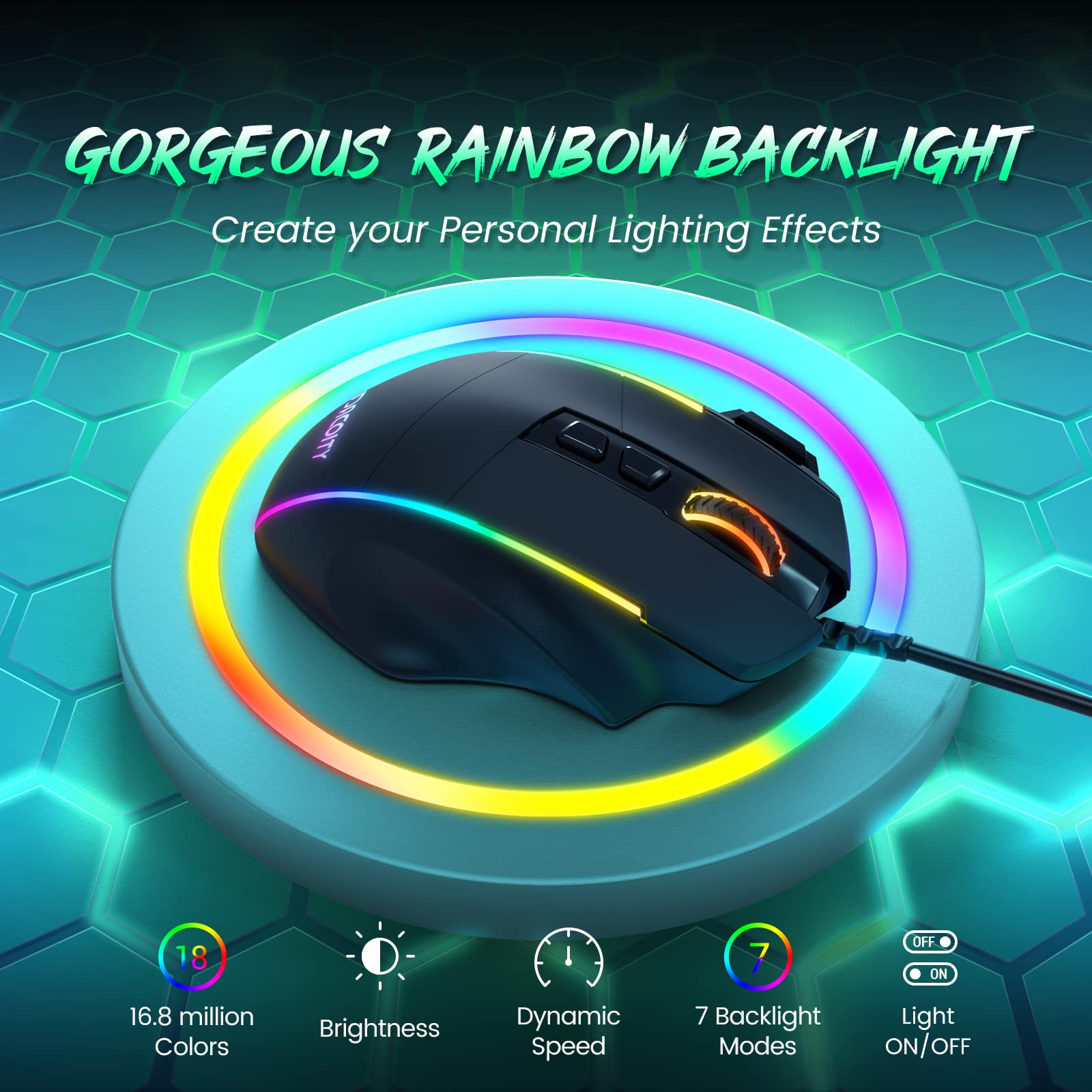 Dacoity Ergonomic 8000DPI RGB Wired Gaming Mouse, PC Gaming Mice with 8 Programmable Buttons, USB Computer Mice, 7 RGB Backlight Modes and 5 Levels Adjustable DPI up to 8000 for PC, Laptop, MacBook