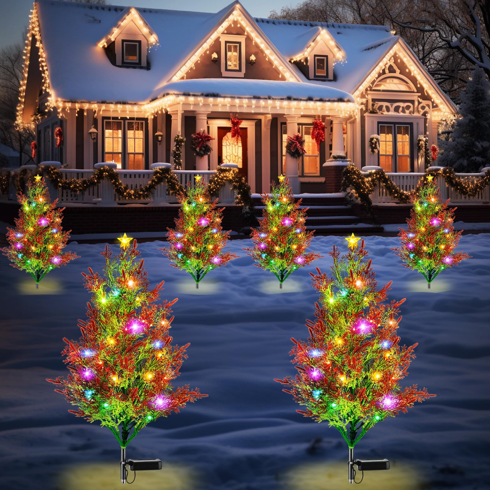 Christmas Decorations Outdoor Solar Lights: 4 Pack Upgraded 10 LED Solar Christmas Tree Lights, 2 Lighting Modes Outside Waterproof Solar Christmas Stake Lights for Yard Garden Pathway Lawn Xmas Decor