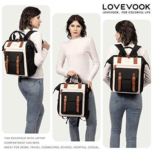 LOVEVOOK Laptop Backpack For Women Work Travel Backpack Purse, Nurse Bag College Backpack, Teacher Doctor Business Laptop Bag, Waterproof Wide Open Computer Back pack, 15.6 Inch, Black-Beige-Brown