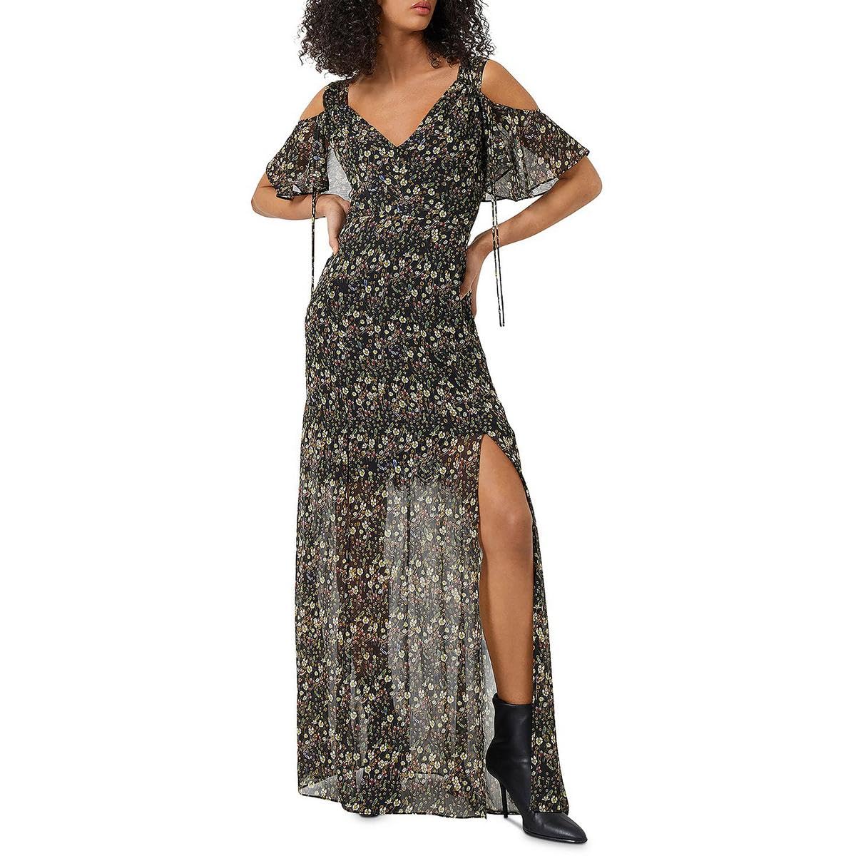 French Connection Women's Hallie Crinkle Cutout Shoulder Maxi, Black Multi, 8