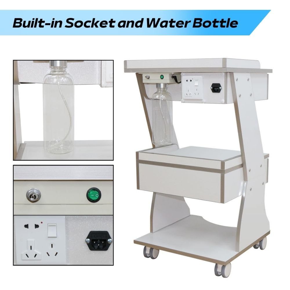 generic Mobile Rolling Trolley with Built-in Socket and Water Bottle, Multi-Function 3-Layer Cart with Wheels and 2 Drawers for Dental Labs Beauty Salon, White