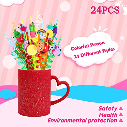 FZR Legend 24 Flamingo Fruit Cactus Reusable Plastic Straws,Hawaiian Beach Cocktail Luau Party Decorations Supplies Favors (24 SET)