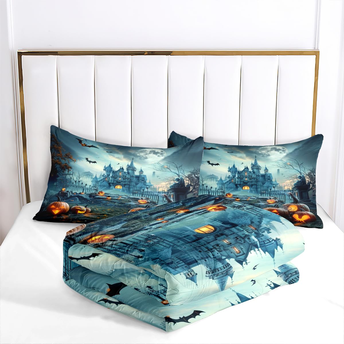 Halloween Pumpkin Bedding Sets Black Bats Full Size Comforter Sets 3D Printed Castle Comforter Kids Boys Girls Happy Halloween Comforter Set 3Pcs Soft Lightweight Down Comforter with 2 Pillowcases